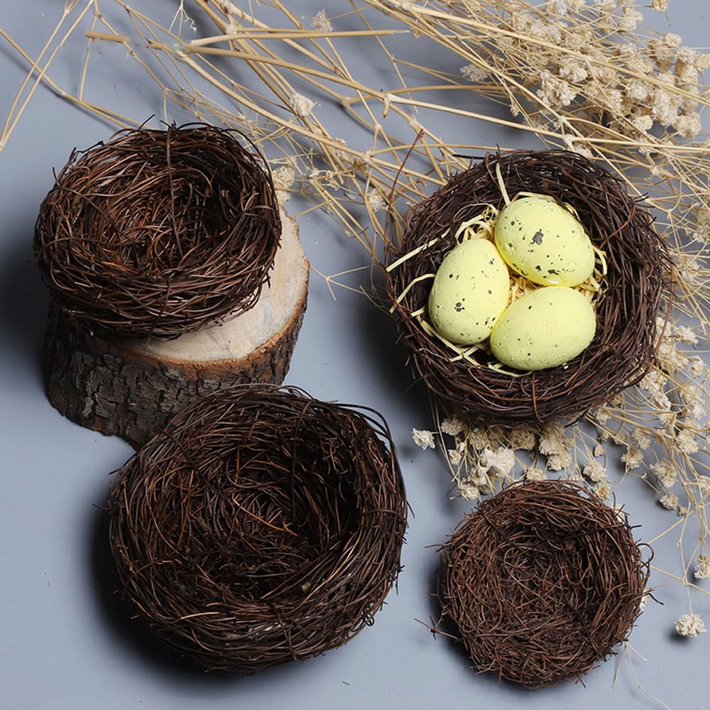 Artificial Bird Nest, Bird Nest with Artificial Bird Eggs, Country Style Simulation Twig Bird Nest for Handmade Easter Rattan Nest Creative Decoration for Home Garden(10~12 cm)