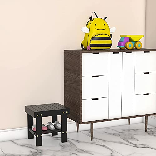 Wooden Step Stool for Kids Adults Small Wood Shower Foot Rest Stool Shaving Legs Potty Stool for Bathroom Sink Bed Kitchen (Black, 10.6 x 8.8 x 10 inches)