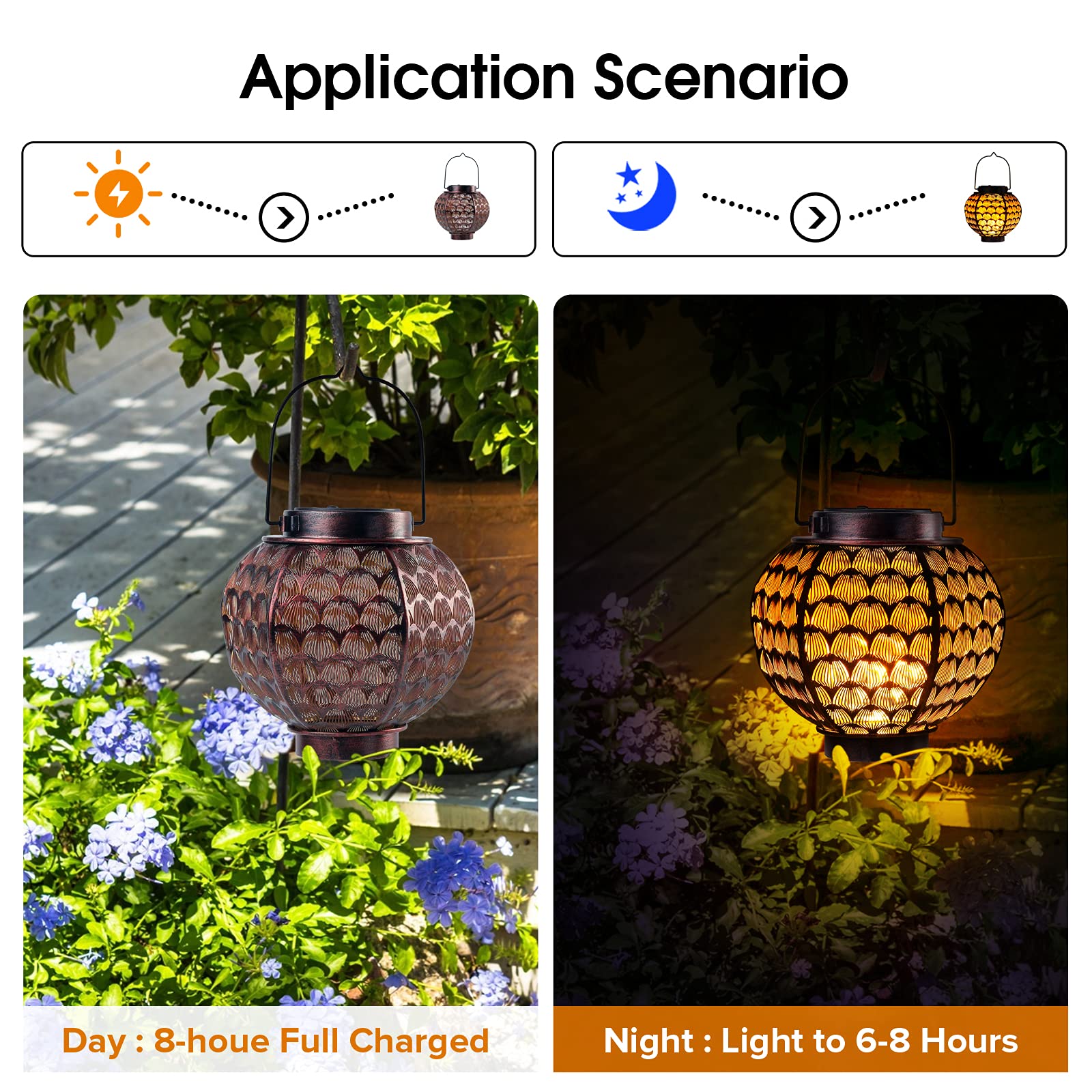 Bownew Outdoor Hanging Solar Lantern Outside Waterproof Metal Solar Powered Lights Decor for Garden Patio Deck Lawn Pathway Yard Porch Balcony Tabletop and Tree