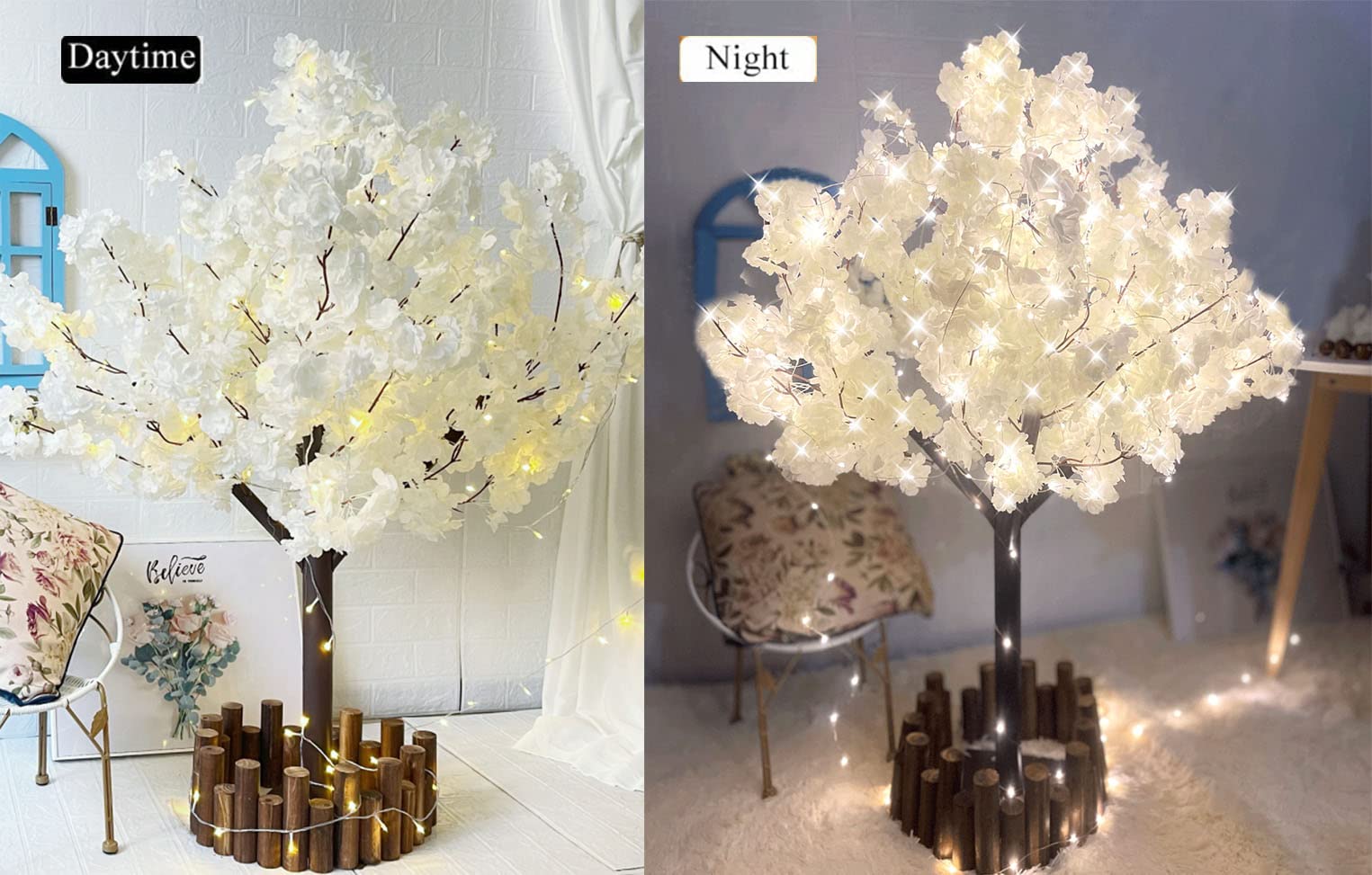 Artificial Cherry Blossom Lighted White Tree with 300 Warm White LEDs for Indoor Outdoor Home Decor Wedding (6FT Tall/1.8M)