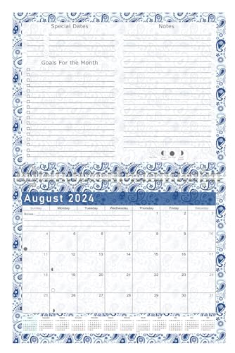 2024-2025 Academic Year 12 Months Student Calendar/Planner for Wall & Desk & 3-Ring Binder, for School, Teacher, Student (Blue Navy Paisley Edition #019)