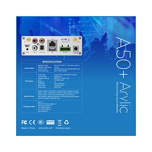 Arylic A50+ WiFi & Bluetooth Home Amplifier,TPA3116 with 50+50W 24V DC/2.0 Stereo Channel,Airplay 1 DLNA,Multiroom/multizone Sync, HiFi Audio Streaming Integrated for Speakers