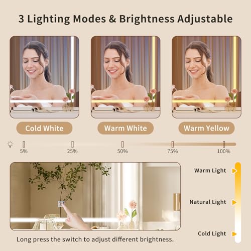 Breezestival Vanity Desk with LED Lights Mirror, White Makeup Vanity with Power Outlet & 5 Drawers, Dresser with Storage Shelves & Side Pocket for Bedroom, Dressing Room, 3 Adjustable Light Colors