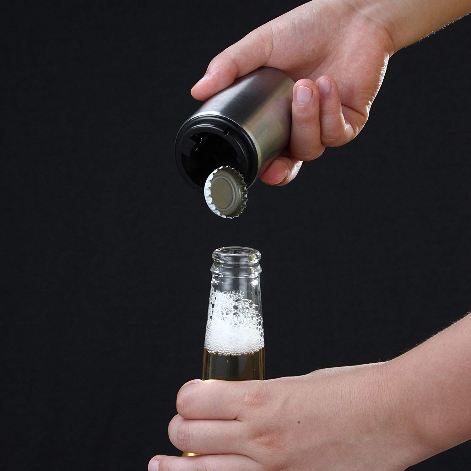 2-Pack Beer Bottle Opener | Push Down and Pop Off Bottle Opener | Automatic Beer Top Popper | Magnetic Cap Catcher | Stainless Steel | Glass Soda Bottle Decapitator | Fun to Use | Set of 2