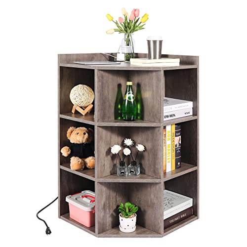 ALUPOM Corner Cabinet,Corner Cube Toy Storage with 2 USB Ports and 2 Outlets, Wooden Corner Bookshelf with 9 Cubes for Living Room,Bedroom,Space Saving Easy to Assemble