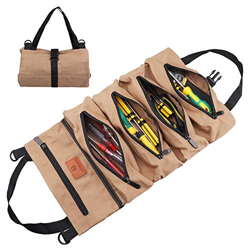 2Sonder Roll Tool Bag, Multi-Purpose Tool Roll Up Bag, 18.5”x11” Wrench Roll Pouch, Foldable Canvas Tool Pocket, Car First Aid Kit, Wrap Roll Storage Bag, Hanging Tool Zipper Case (Khaki)