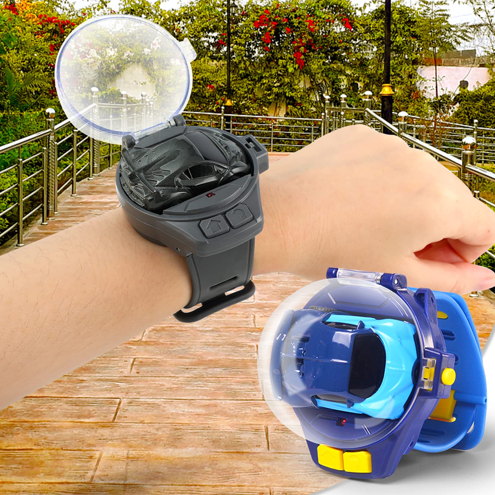 2PCS Mini Remote Control Car Toy, 2.4 GHz Watch Wrist Hand Controlled Racing Car with USB Charging, RC Toys for Boys and Girls (Grey + Blue)