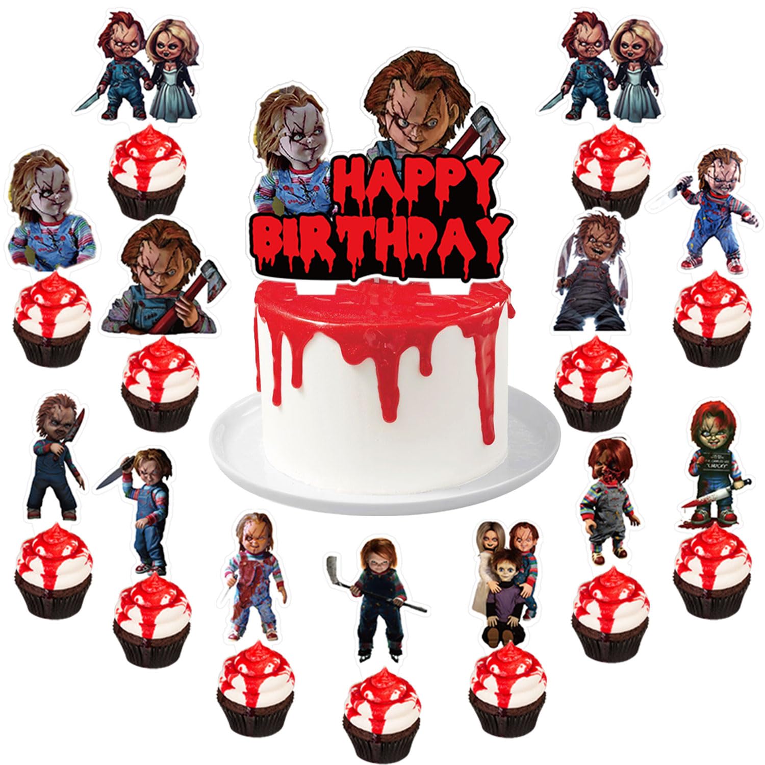 37 PCS Chucky Cupcake Toppers for Horror Movie Theme Party Birthday Party Wedding Baby Shower Anniversary Party Cake Dessert Decorations Supplies Picks