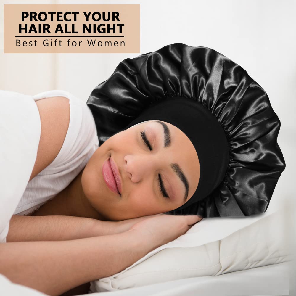 3PCS Extra Large Satin Bonnets for Black Women, Hair Bonnets for Sleeping Braids Curly Hair, A