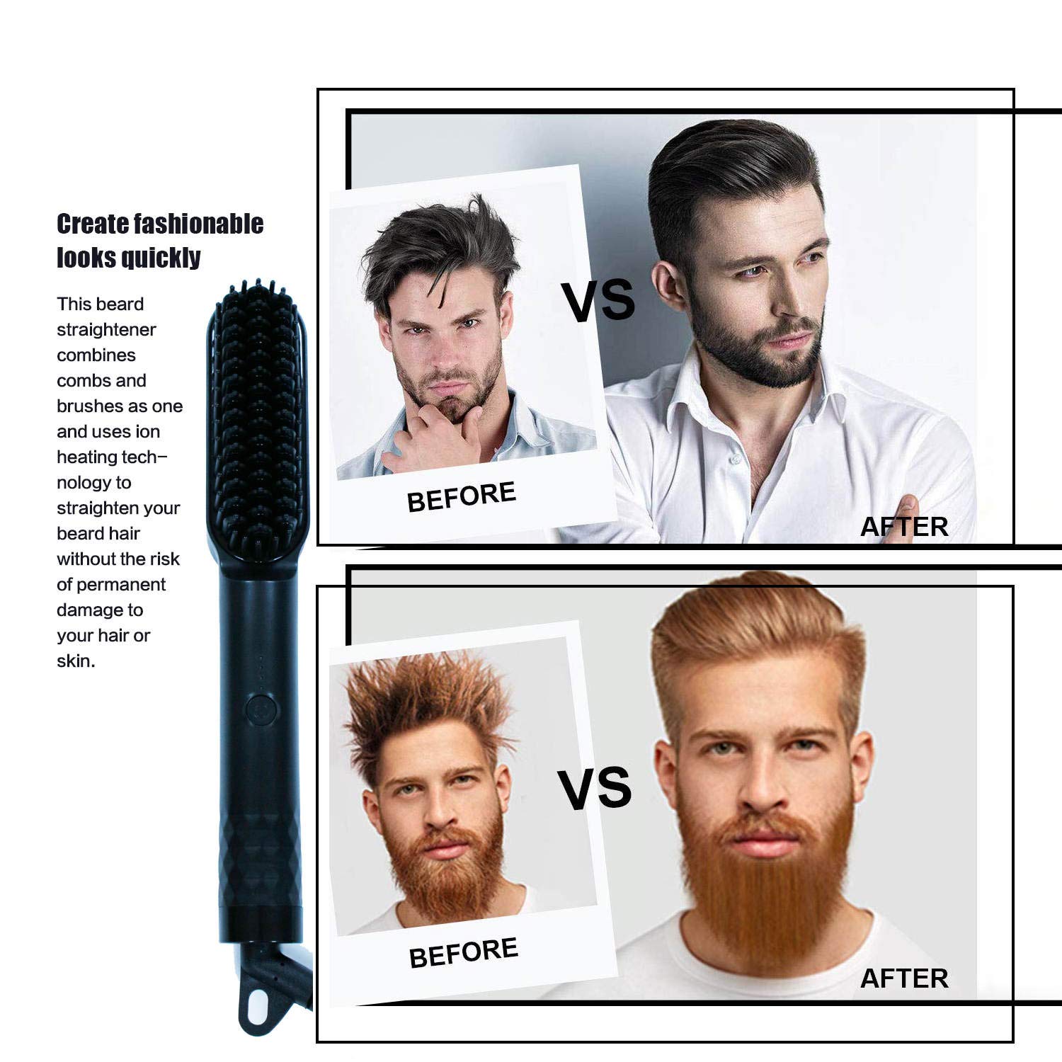 Beard Straightener Brush w/Free Beard Balm & Comb, Premium Hair Straightening Brush Kit, Heated Beard Comb, 3-Heat Settings, Fast Heat Beard Brush for Men - StormiNite