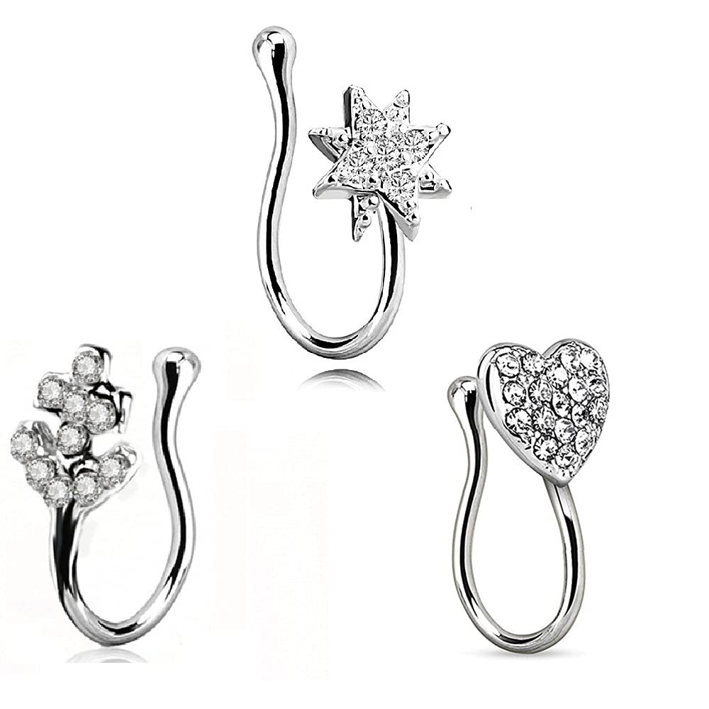 3Pcs Fake Nose Rings Clip on Nose Rings Non-Pierced Nose Hoop Ring Adjustable Nose Cuff Fake Septum Nose Hoop Rings Faux Lip Ear Nose Septum Ring Clip On Nose Hoop Rings -Silver