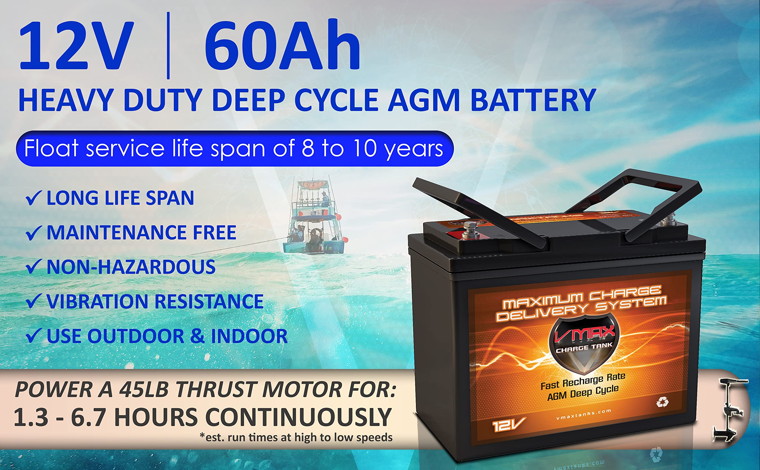 VMAX MR96-60 12V 60Ah AGM Deep Cycle Marine Battery for 12 Volt 40 Pound 40lb Thrust Trolling Motors