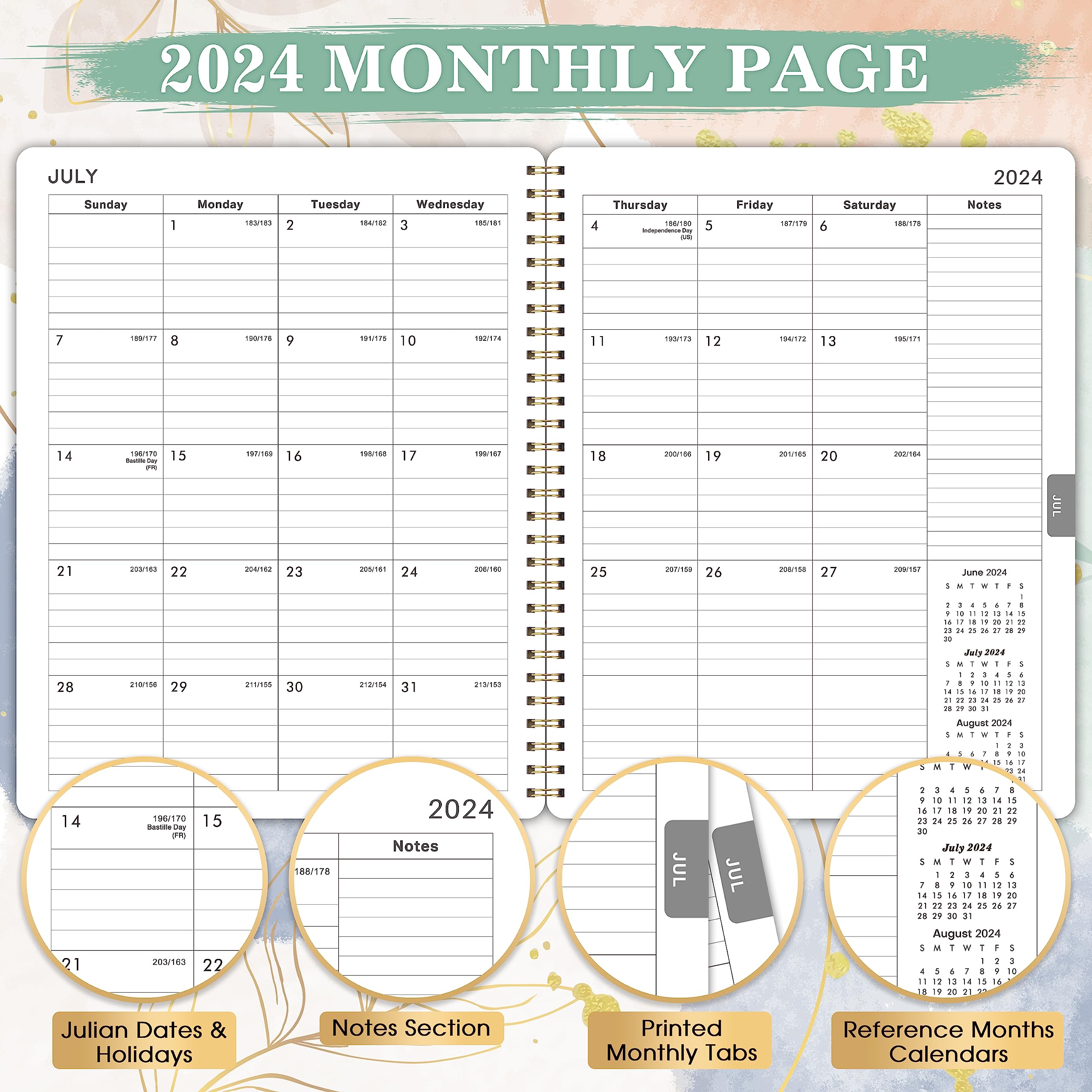 2024 Planner - Planner/Calendar 2024, Jan. 2024 - Dec. 2024, 2024 Planner Weekly and Monthly with Printed Tabs, 8" x 10", Flexible Cover with Thick Paper + Twin-Wire Binding - Waterink