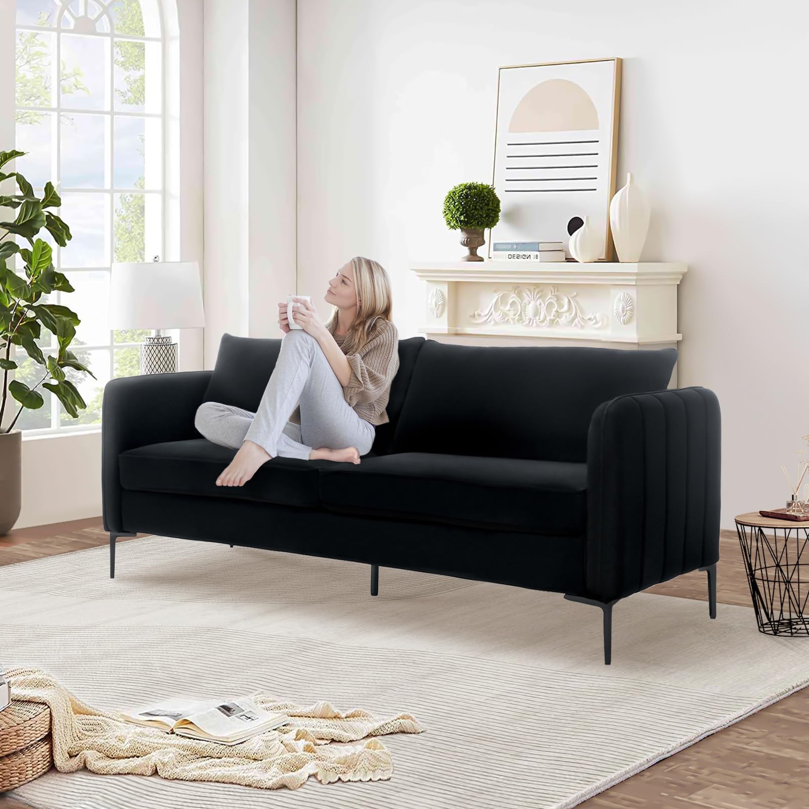 85 Inch Velvet Sofa, Mid Century Modern Comfy Upholstered Sofa Couch with Metal Legs 3 Seater Sofa High-Density Foam and 6.3 Inch Extra Thick Cushion Couch for Living Room Apartment(Black)