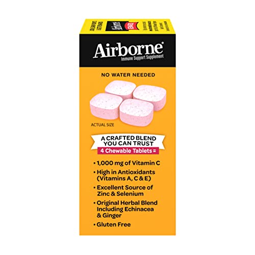 Airborne Vitamin C 1000mg (per serving) - Very Berry Chewable Tablets (32 count in a box), Gluten-Free Immune Support Supplement, With Vitamins A C E, ZINC, Selenium, Echinacea & Ginger, Antioxidants