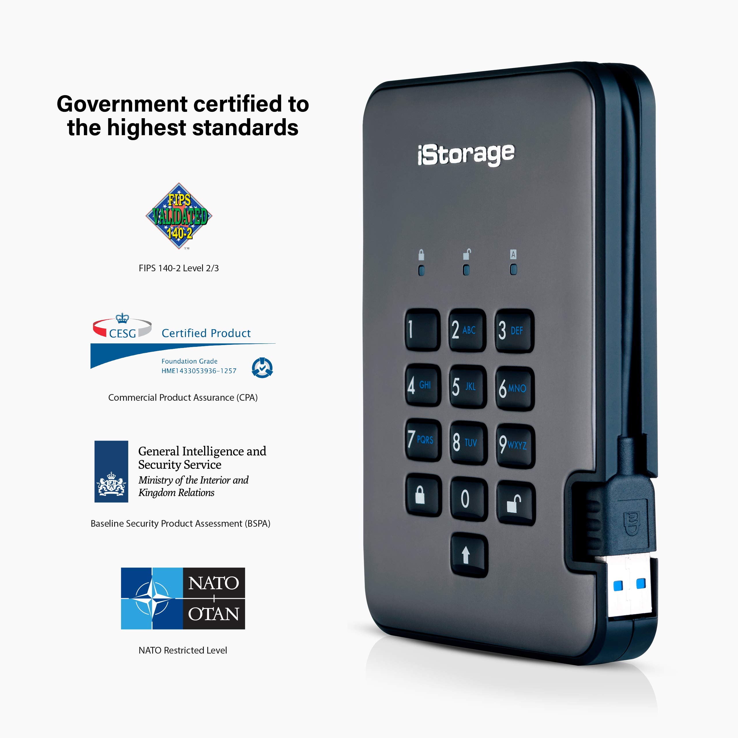 iStorage diskAshur PRO2 HDD 2TB Secure portable hard drive FIPS Level 2 certified - password protected, dust and water resistant, portable, military grade hardware encryption. IS-DAP2-256-2000-C-G