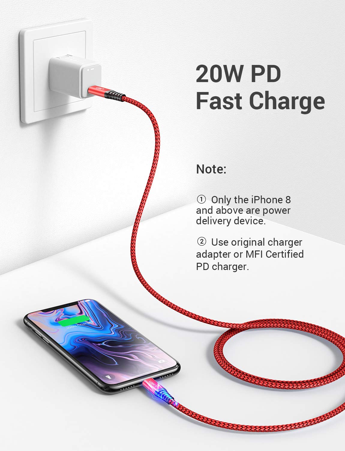 LISEN 20W USB C to Lightning Cable 6FT, MFi-Certified iPhone Charge Cable Fast Power Delivery Charging Cable Compatible with iPhone 12/11/11 Pro/11 Pro Max/X/XS/XR/XS Max/8/8 Plus