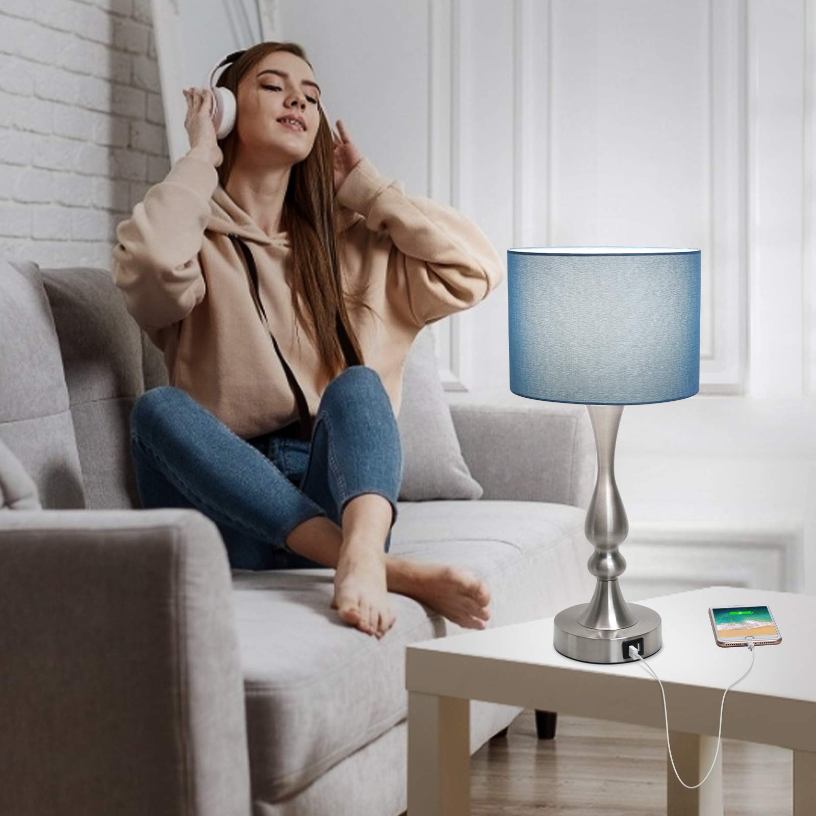 3-Way Dimmable Touch Control Table Lamp with Dual USB Charging Ports, Bedside Touch Lamp Modern Accent Lamp with Blue Lampshade, Bedroom Nightstand Lamp for Living Room Office, 6W LED Bulb Included