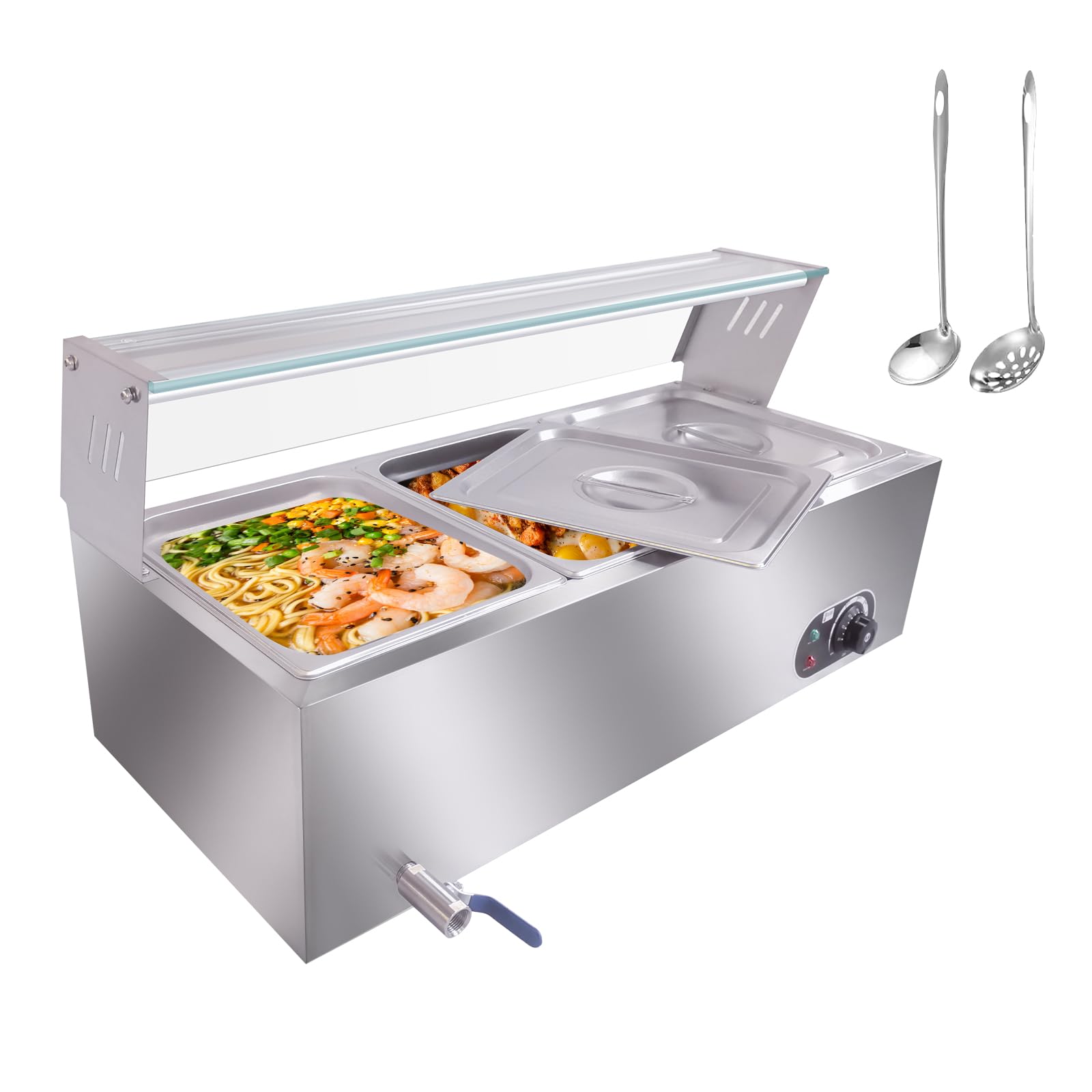 3-Pan Commercial Food Warmer, 36 Qt Electric Steam Table, Stainless Steel Bain Marie with Tempered Glass Cover, 1500W Countertop Food Warmer 86-185°F Temp Control for Catering, Restaurant, Silver