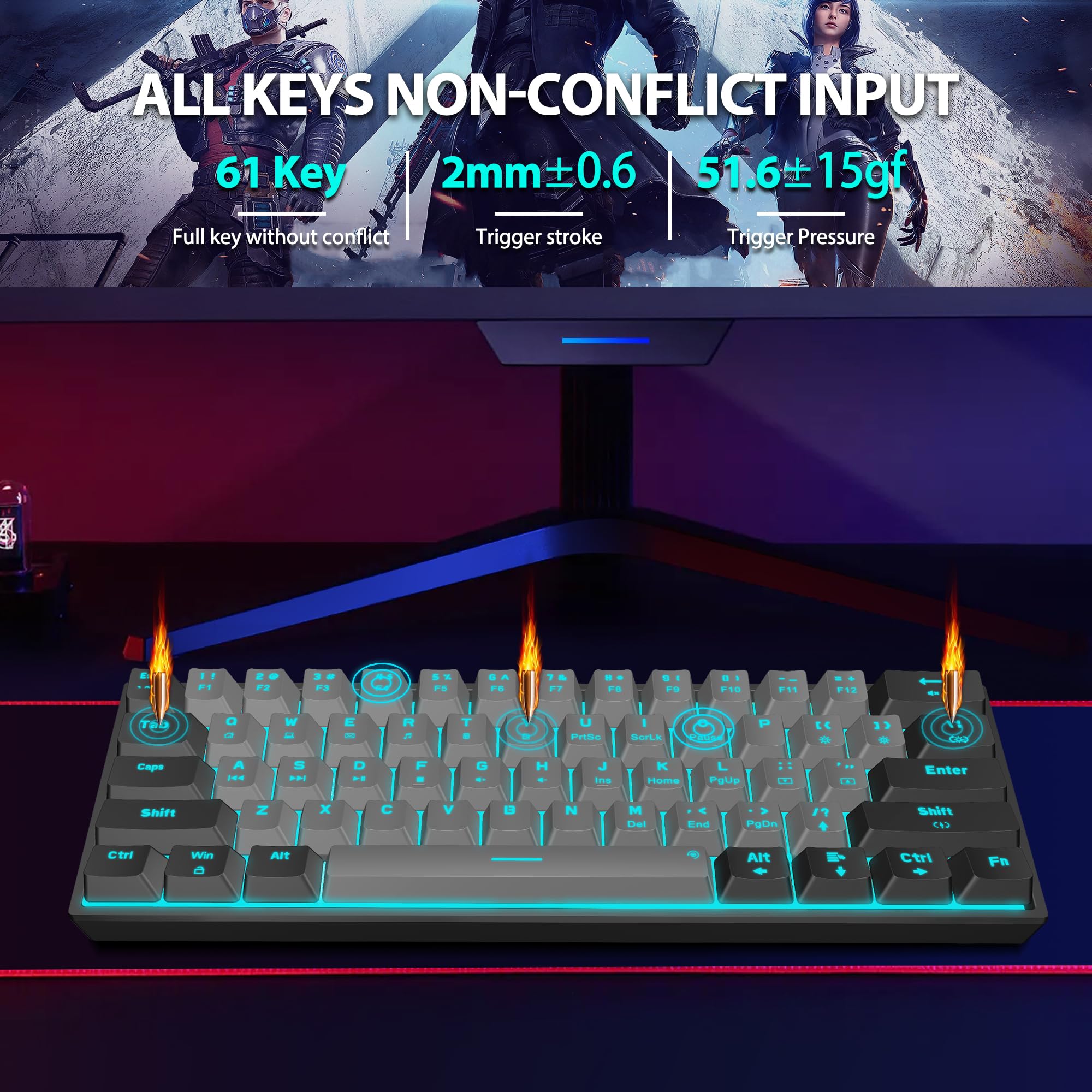 Snpurdiri 60 Percent Mechanical Gaming Keyboard, Blue Switch Anti-Ghosting 61 Key LED Rainbow Backlit Keyboard, Mini Portable Quick Response Keyboard for Laptop PC Gamer, Black