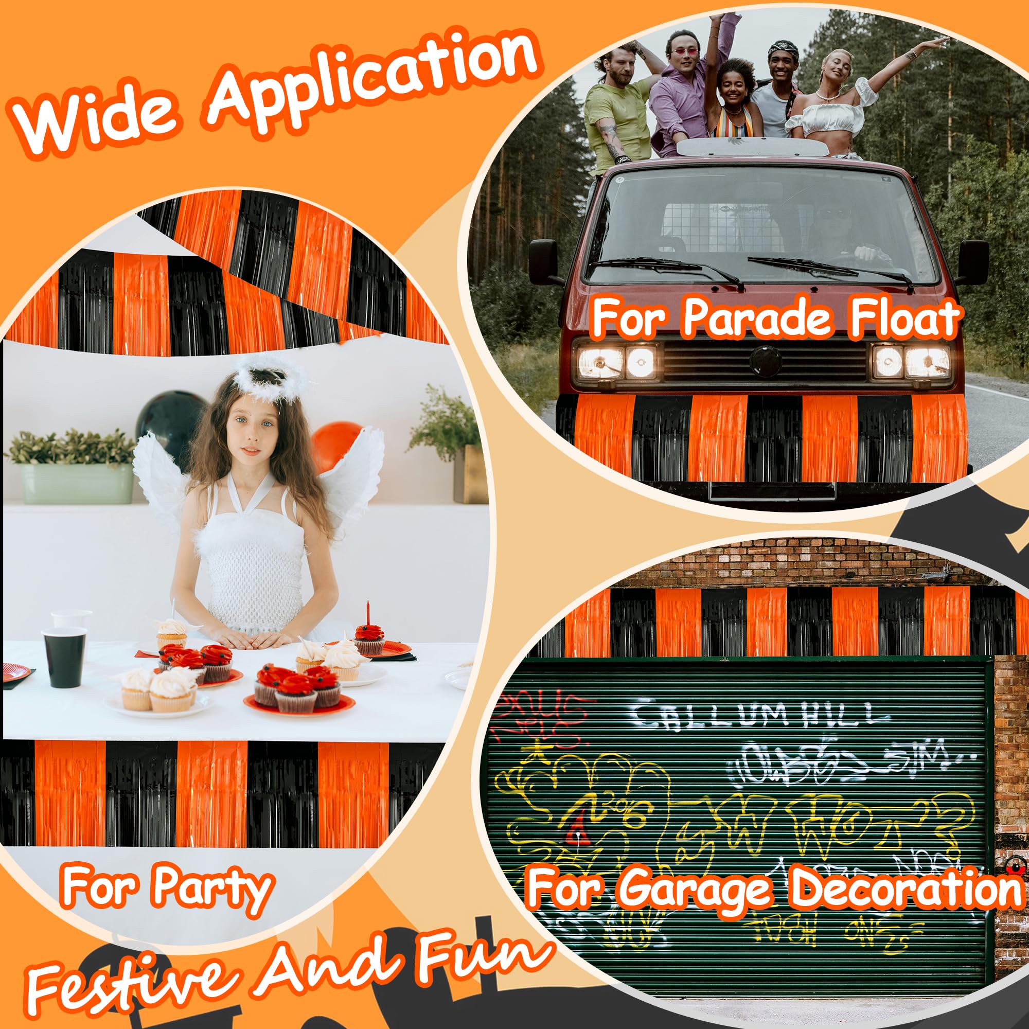4 Pack 10 Feet Black Orange Halloween Parade Float Decorations for Trailer Car, Foil Fringe Tinsel Streamers Banner Garland for Halloween Graduation Homecoming Party Decoration (Black Orange)