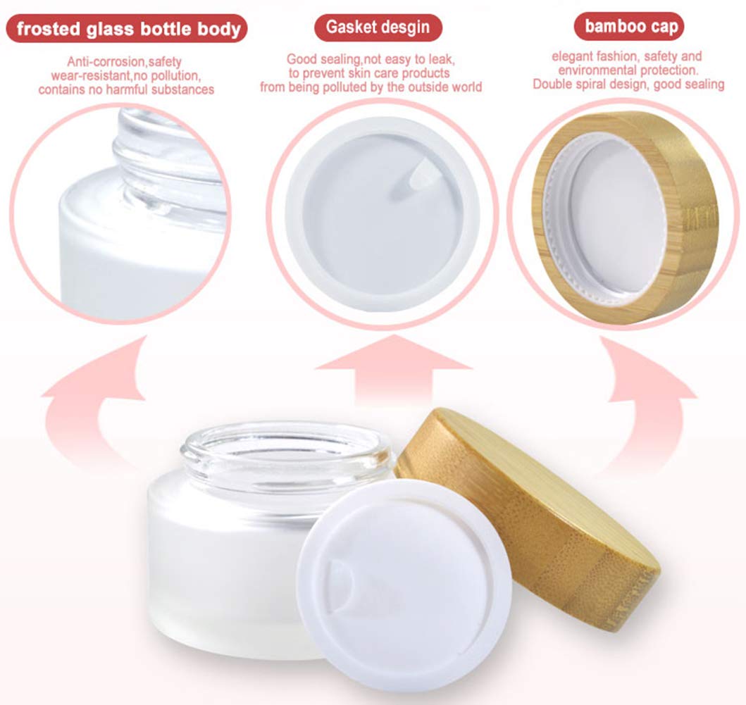 Frosted Glass Cream Jars,2 Pack 100ml/3.4oz,Natural Bamboo lids Empty Refillable Cosmetic Container Bottles Glass Cosmetic Sample Jars with lids for Face Cream Make Up Eye Shadow Travel