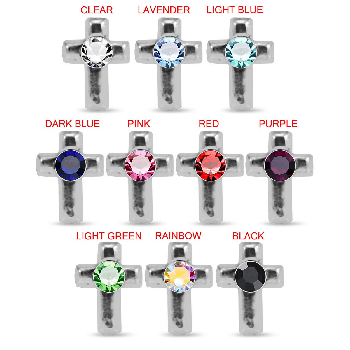 20 Pieces Box Set of Jeweled Cross Top Sterling Silver L Bend Nose Stud Jewelry