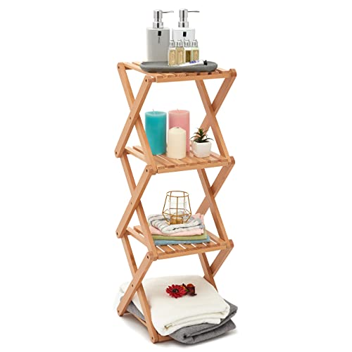 EZOWare Bathroom Storage Shelf, 4-Tier Collapsible Narrow Storage Organizer Rack Accent Tower Display Shelving – Rubberwood