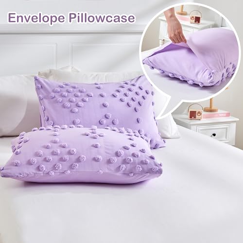 3-Piece Queen Size Kids Bedding Set for Girls Purple Boho Tufted Dots Jacquard Pom Pom Tufts Embroidery Bed-in-a-Bag Bohemian Kids Comforter Set for Boys with Comforter, 2 Pillowcase