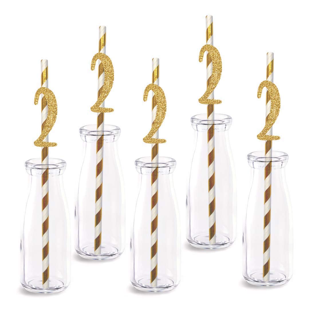 2nd Birthday Paper Straw Decor, 24-Pack Real Gold Glitter Cut-Out Numbers Happy 2 Years Party Decorative Straws