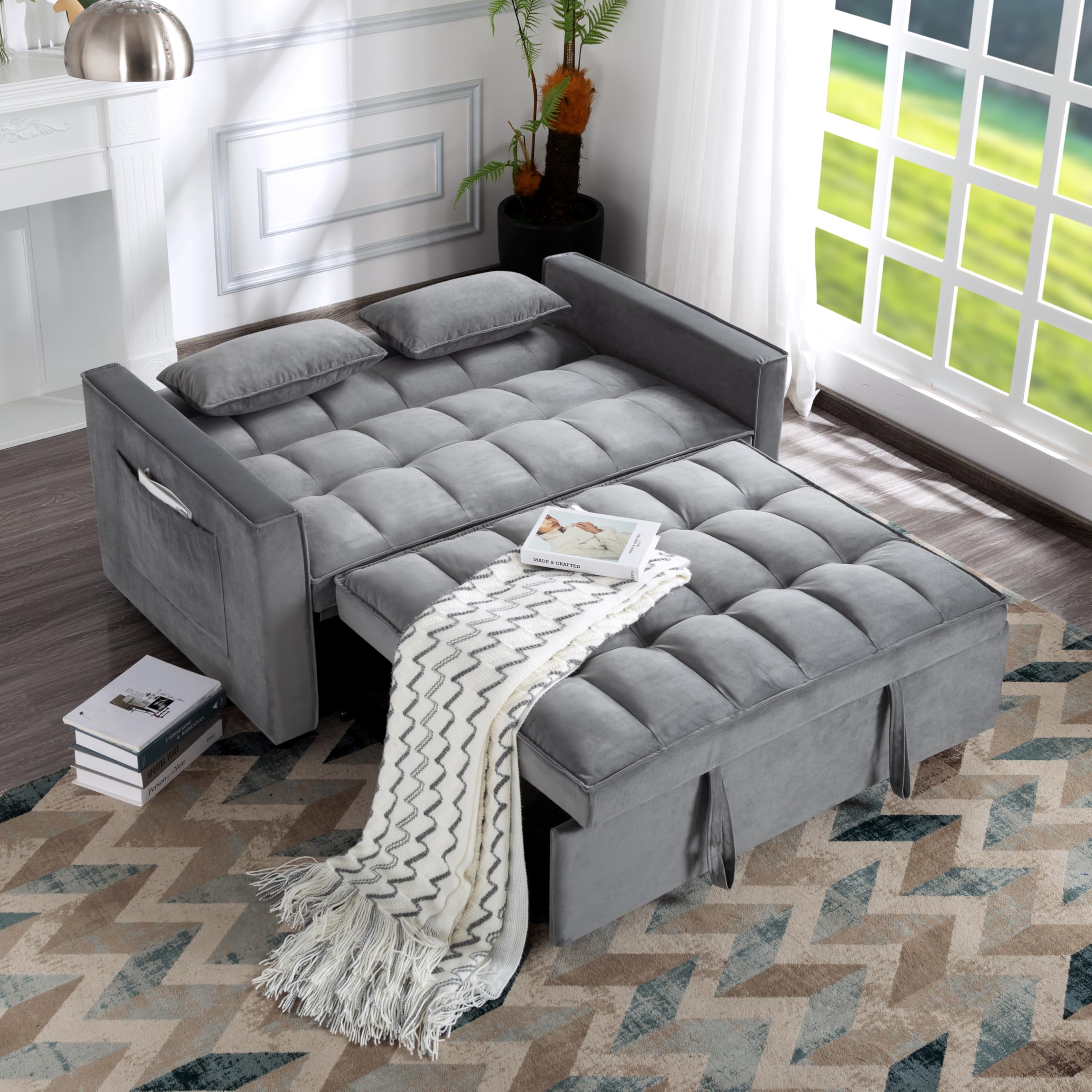55 Inch Sleeper Sofa Bed 3-in-1 Futon Sofa Couch 2-Seater Loveseat with Tuft Design and Side Storage Pocket, Soft Pillows, Multipurpose Velvet Sleeper Sofa Bed