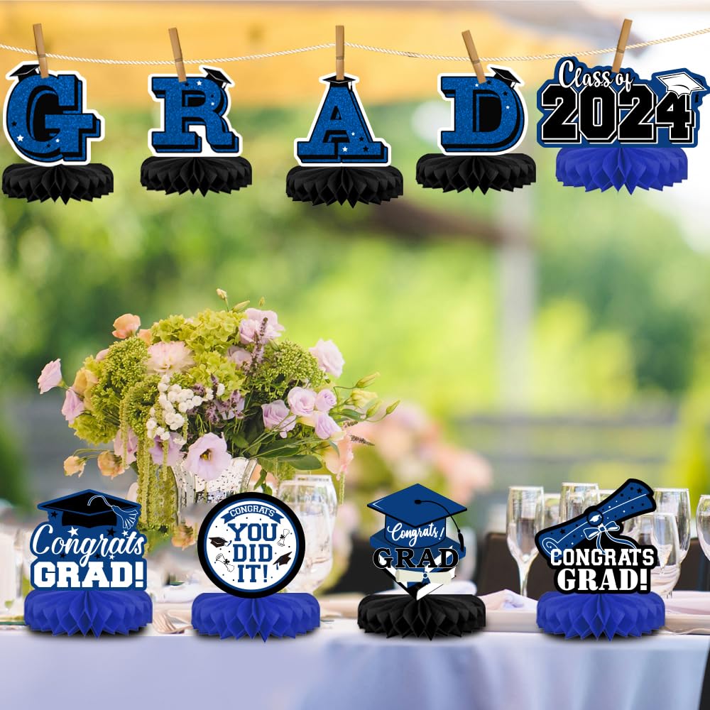 AKEROCK Graduation Decorations Class of 2024, 9Pcs Honeycomb Table Graduation Centerpieces for Graduation Party Decorations, Table Toppers Graduation Decor - Graduation Party Supplies(Blue, Black)