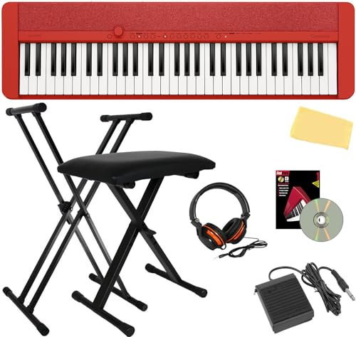 Casio Casiotone CT-S1 61-Key Portable Digital Keyboard - Red Bundle with Adjustable Stand, Bench, Headphones, Sustain Pedal, Instructional Book, Instructional DVD, and Austin Bazaar Polishing Cloth