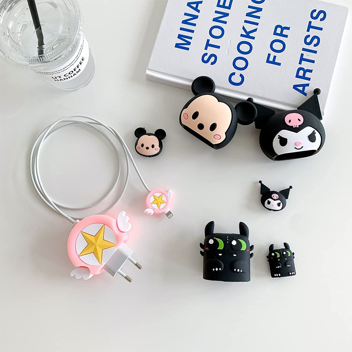 3D Protective Case for iPhone 20W USB-C Power Adapter Charger USB Lightning Cable, Cute Cartoon Series Soft Silicone Fast Lightning Chargers Cable Protective Cover for iPhone Charger (Black Hood)