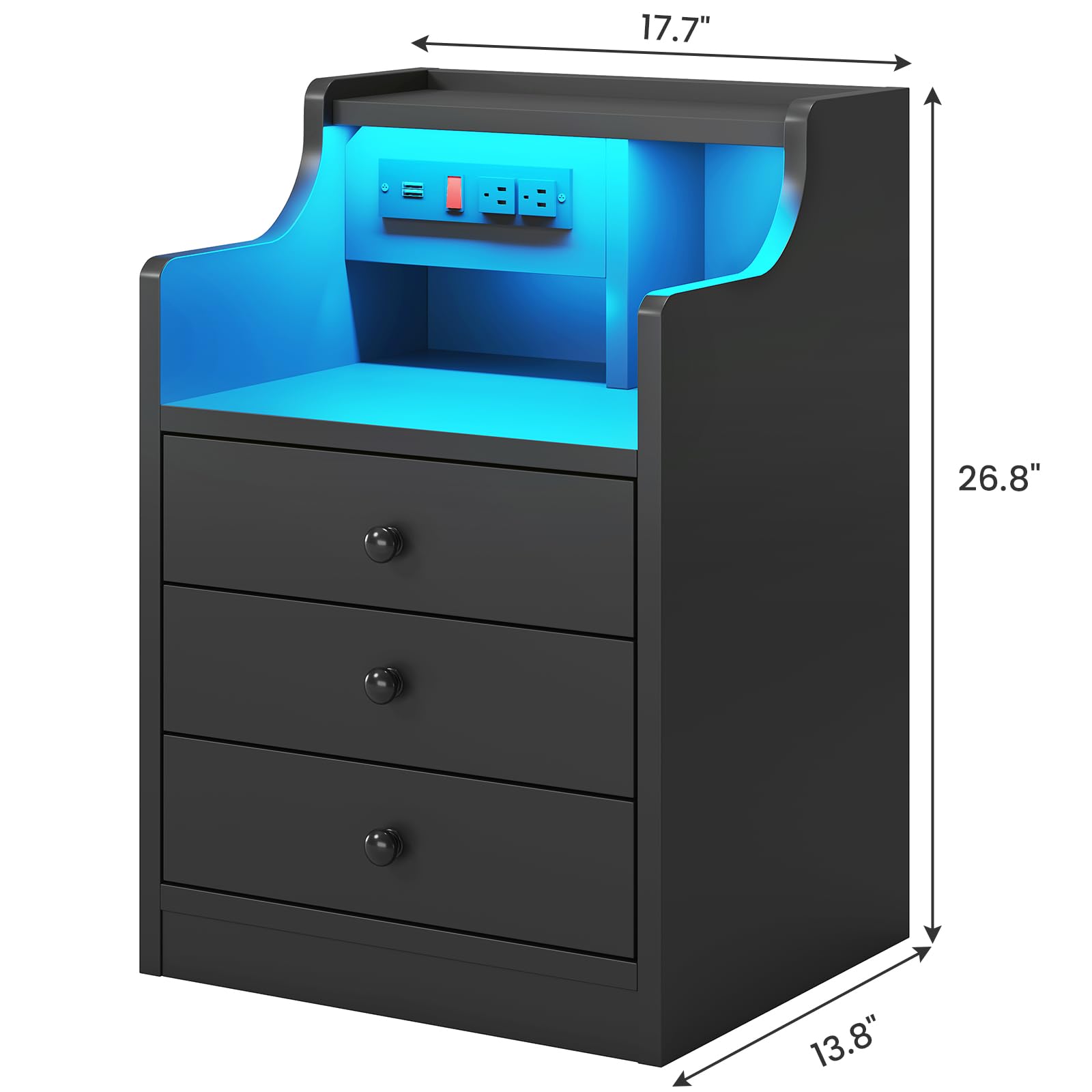 ADORNEVE Black Nightstand Set of 2,LED Nightstand with Charging Station,Bedside Table with Drawers,Modern Side Tables Bedroom