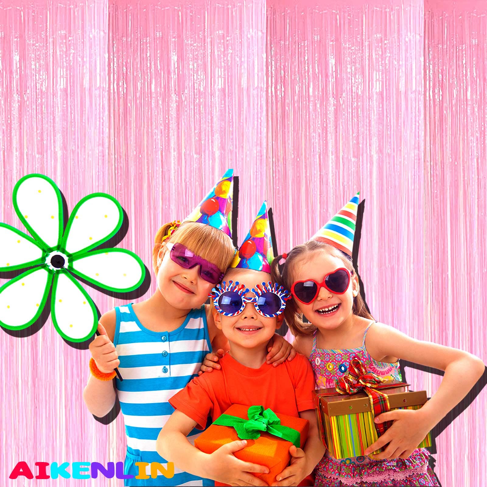 4 Pack 3.2Ft x 8.2Ft Pink Foil Fringe Curtain Backdrop, Metallic Tinsel Foil Fringe Streamers Curtains Background for Photo Booth, Birthday, Wedding, Halloween, Christmas Party Decoration