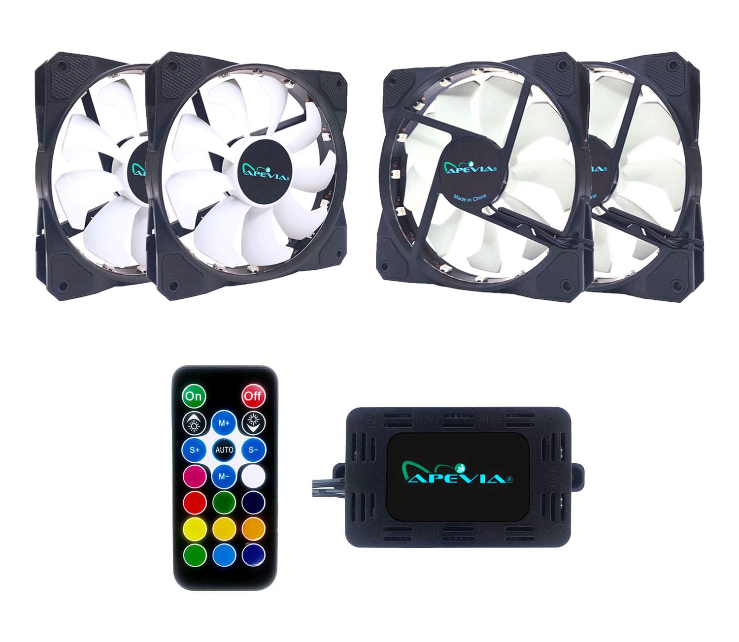 Apevia FB4-RGB Frostblade 120mm Silent RGB Color Changing LED Fan for Gaming with Remote Control, 16x LEDs & 8X Anti-Vibration Rubber Pads (4-pk)