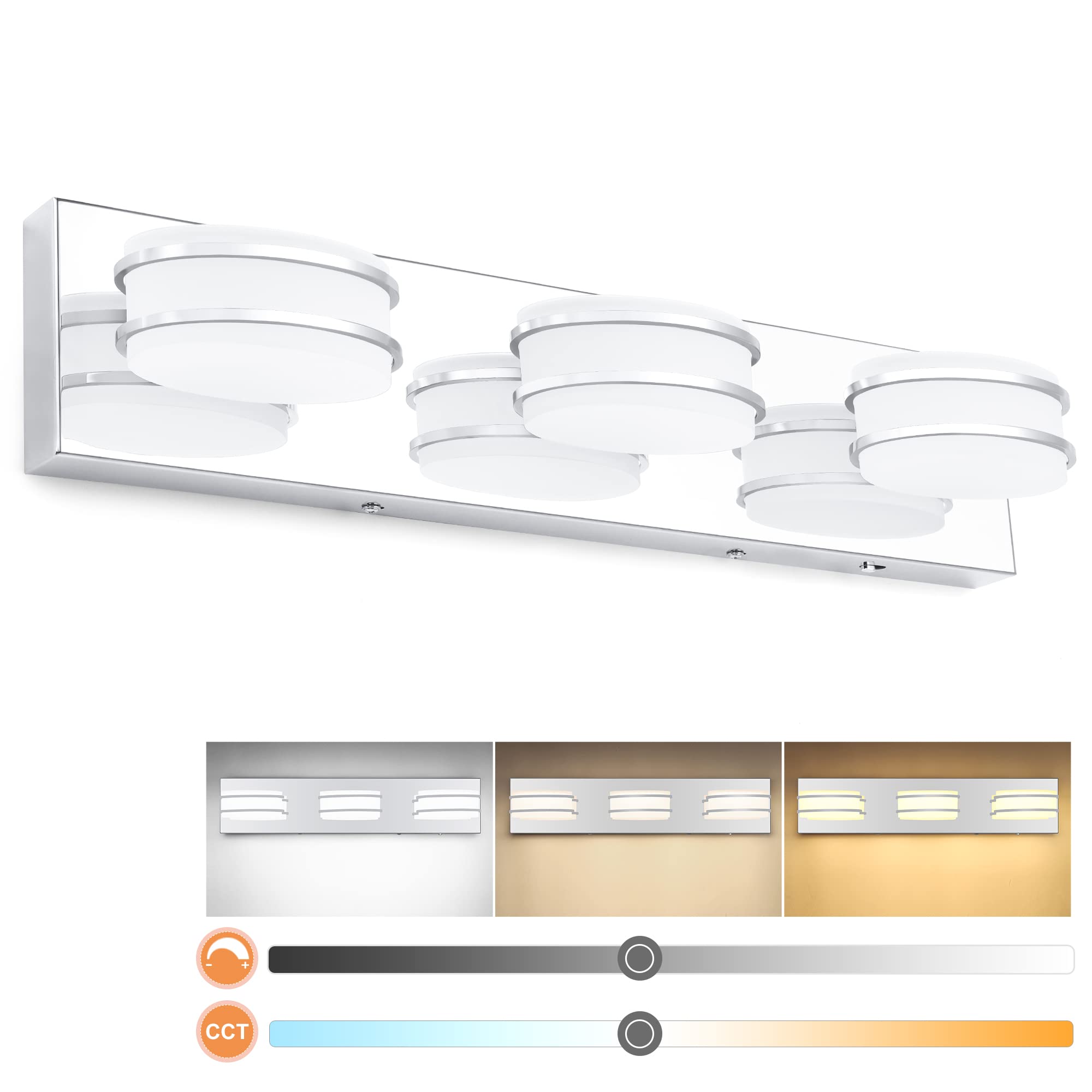 3 Color Temperature Dimmable Bathroom Light Fixtures over Mirror LED Chrome 3 Light Bathroom Vanity Light Fixtures Acrylic Stainless Steel Oval Shade Vanity Lights for Bathroom, ETL Certificated