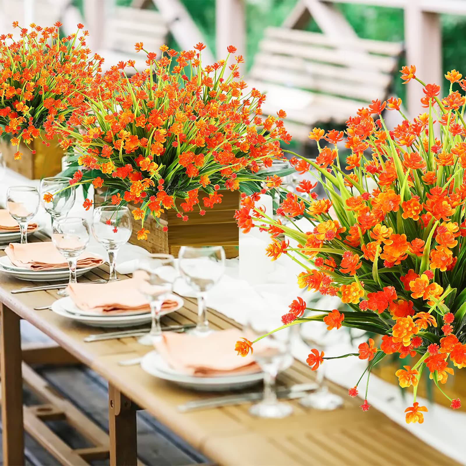 BINDUO 6 Pcs Fake Fall Flowers Artificial Plants Outdoor Daffodil UV Resistant Faux Plastic Flowers Greenery Shrubs Hanging Planter for Home Kitchen Bathroom Garden Patio Balcony Window Decor (Orange)