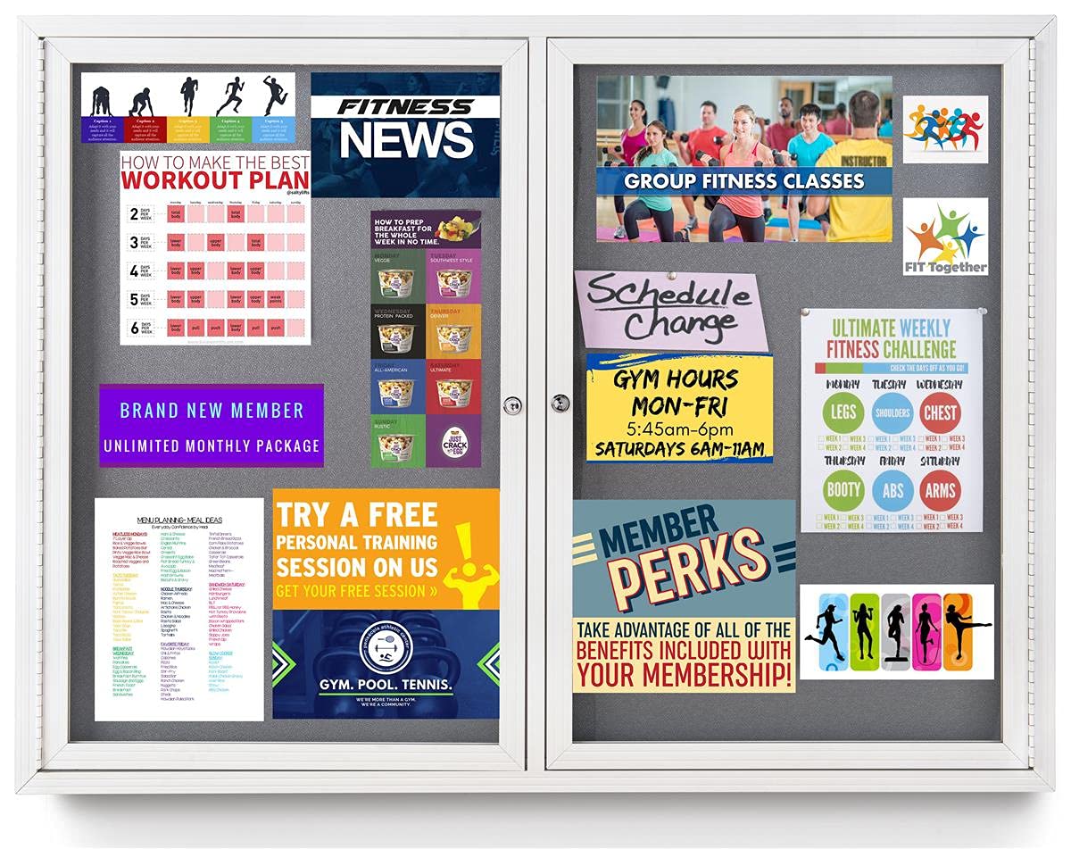 Displays2go 4' x 3' Enclosed Message Board, Sliding Doors, Locking, Gray Fabric - White (FBSW43WHLG)