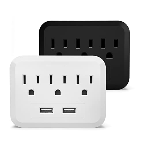 3 Outlet Surge Protector, 2 USB Outlets receptacles, Small Wall Surge Protector with Multiple Outlet Splitter, Home, Kitchen Essentials, White ďź Black, 2 Pack.