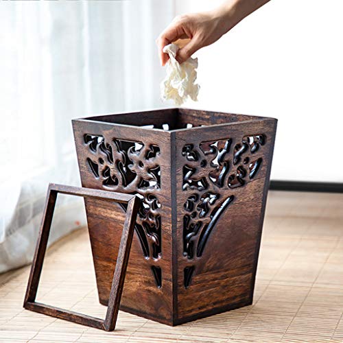 Liex- Waste Paper Basket Kitchen Trash Can, Multi-Functional Teak with Card Strip (Retro Waste Bin Flower Bucket Storage Box), Suitable for Bedroom Hotel (Size: 15 × 20 × 24cm)