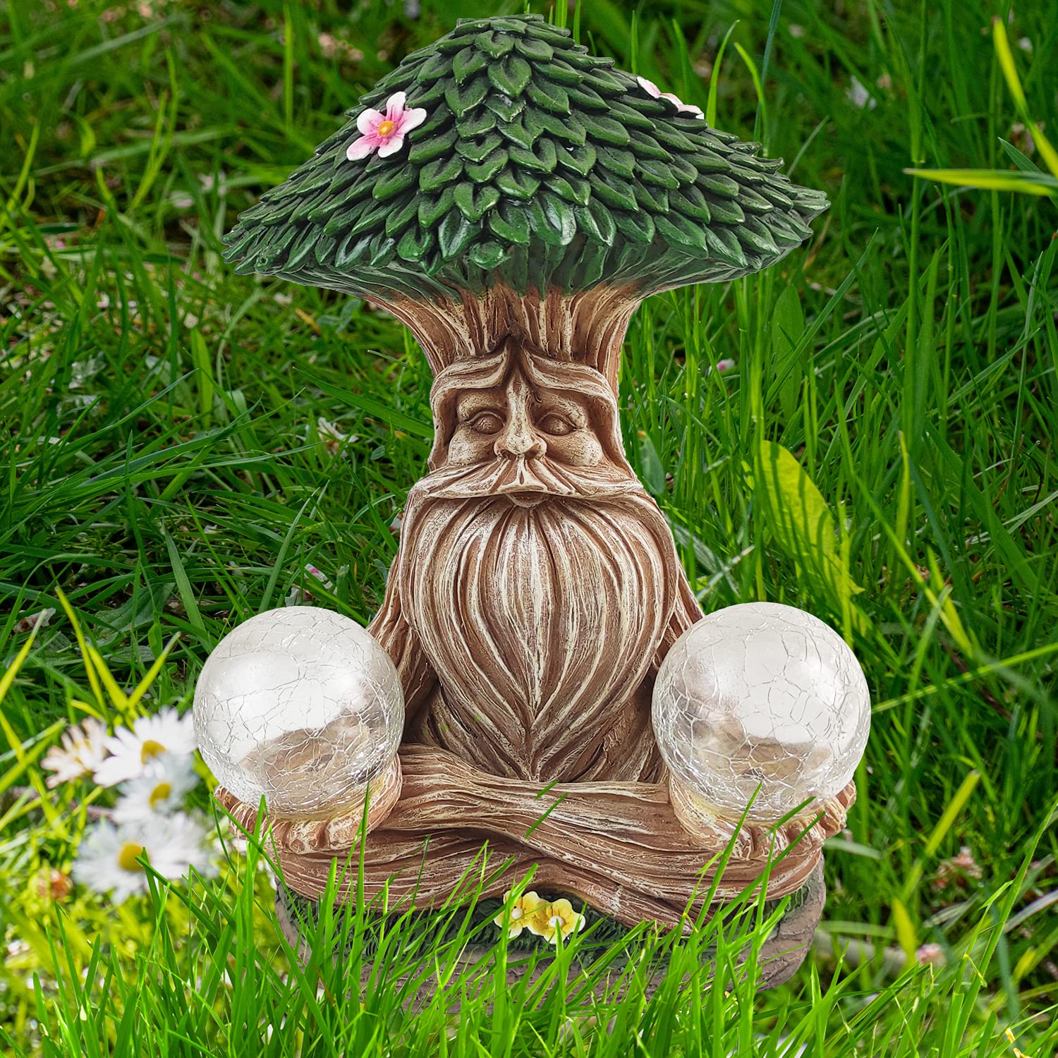 Zen Tree Man Solar Statue Meditation Old Man Figurine with LED Light Fairy Garden Tree Elf Gnome Statue,for Outdoor Decor Patio Yard Lawn Porch Halloween Decoration,11" Tall