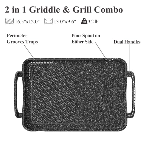 Bazova Nonstick Stove Top Griddle/Grill,16.5"x12.0", Double Burner Granite Griddle Pan,Cast Aluminum Induction Pancake Breakfast Maker, Light-Weight Flat Top Grilling Plate for Gas Grill Camping & BBQ