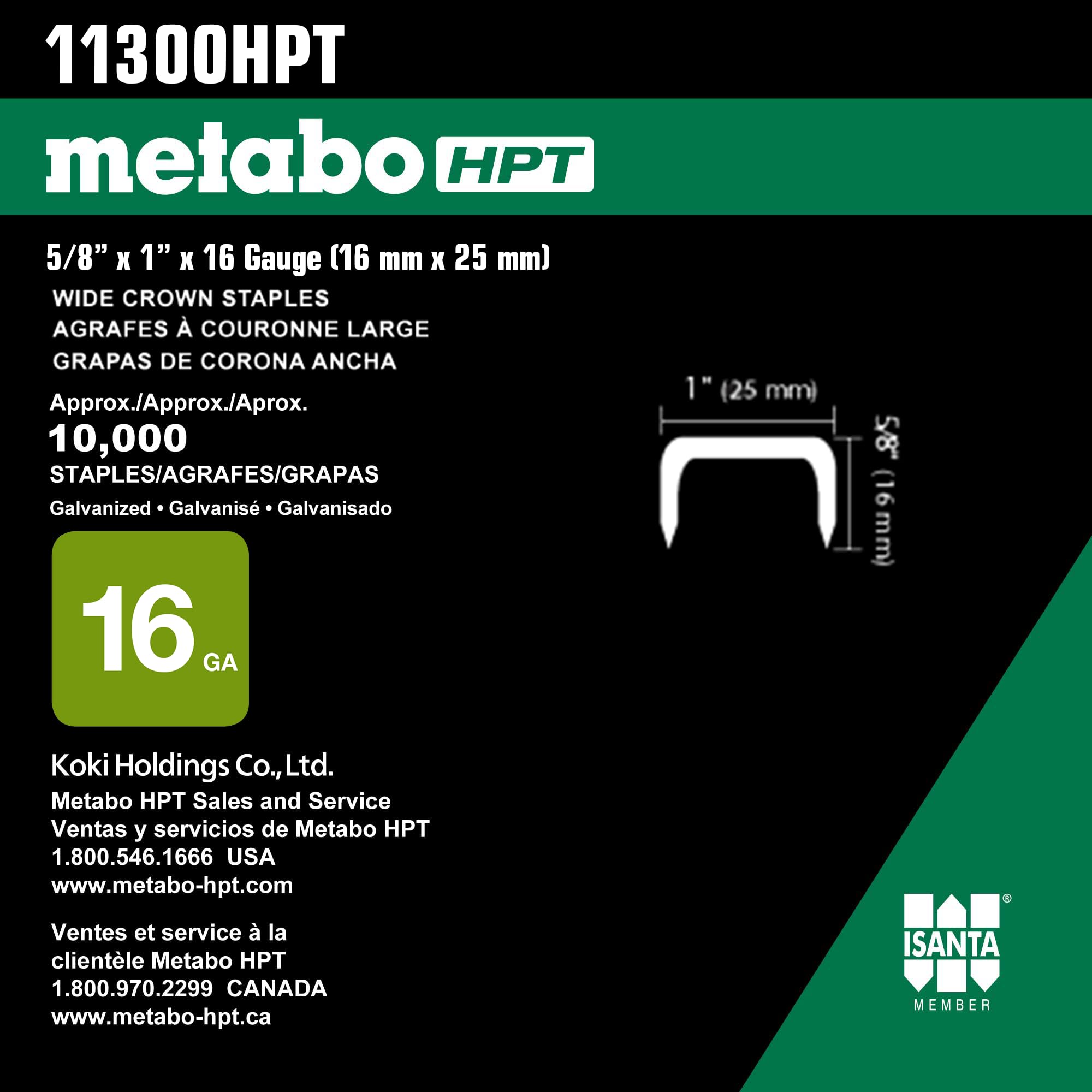 Metabo HPT 11300HPT 16 Gauge Galvanized Roofing Staples 1" x 5/8" | 10000 Count