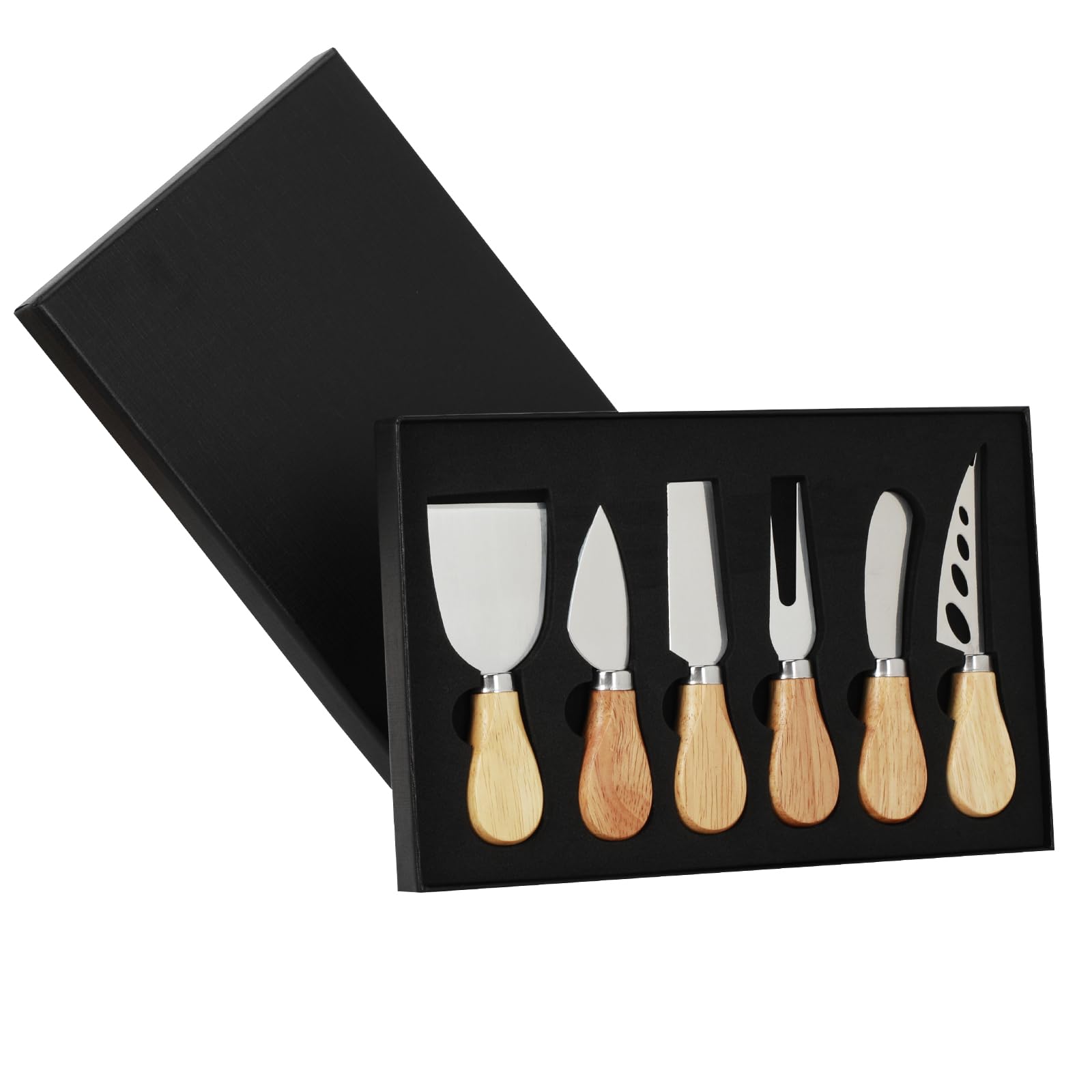 6 Pcs Cheese Knives Set, Cheese Knives with Cheese Slicer Cheese Cutter Cheese Fork, Stainless Steel Cheese Spreading Knife for Charcuterie Boards and Cutlery Gift Set(Oak Handle)