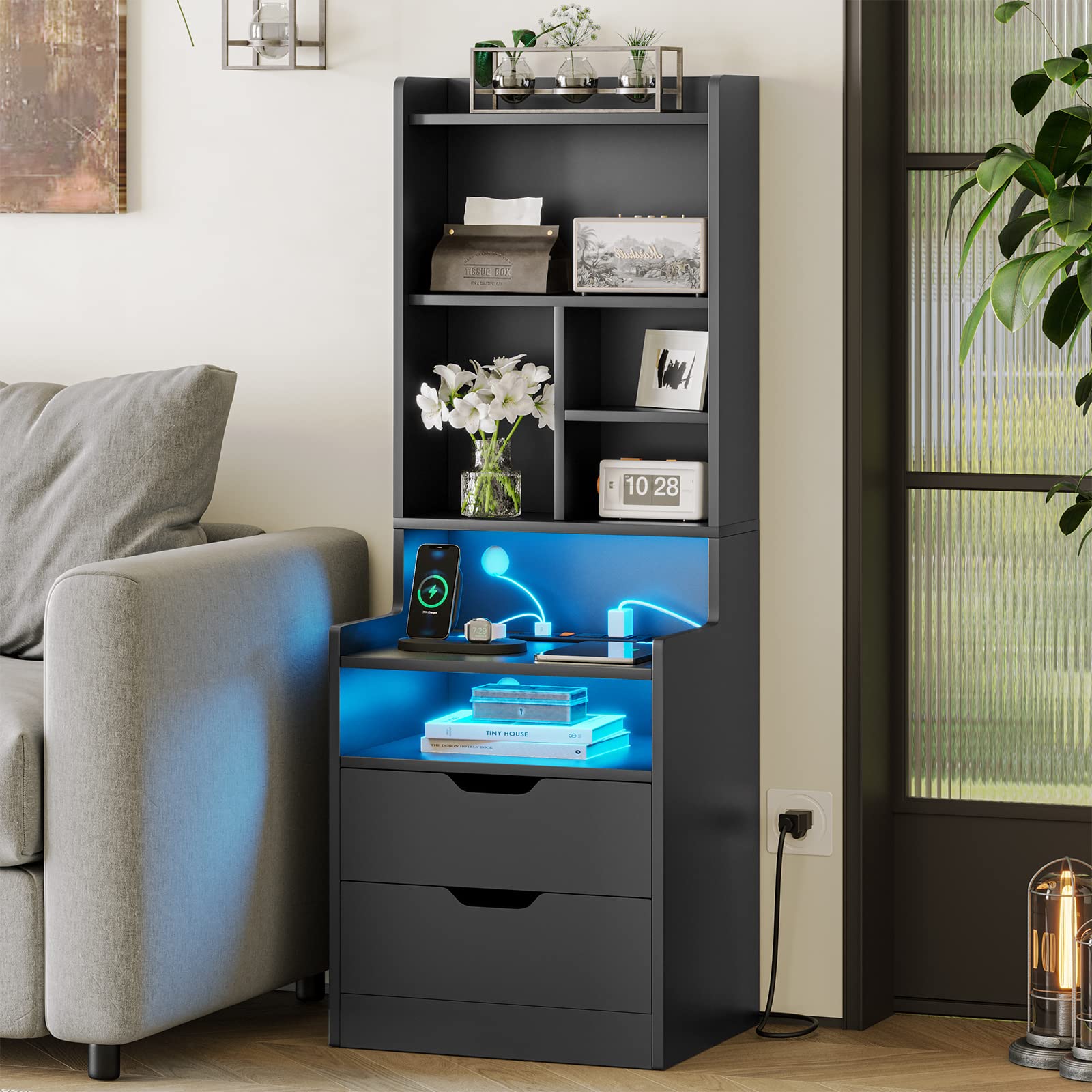 ADORNEVE Tall Night Stand with Charging Station and LED Lights,Nightstand with Bookshelf,Bedside Table with Drawers & Power Outlets,End Side Table for Bedrooms (Black)