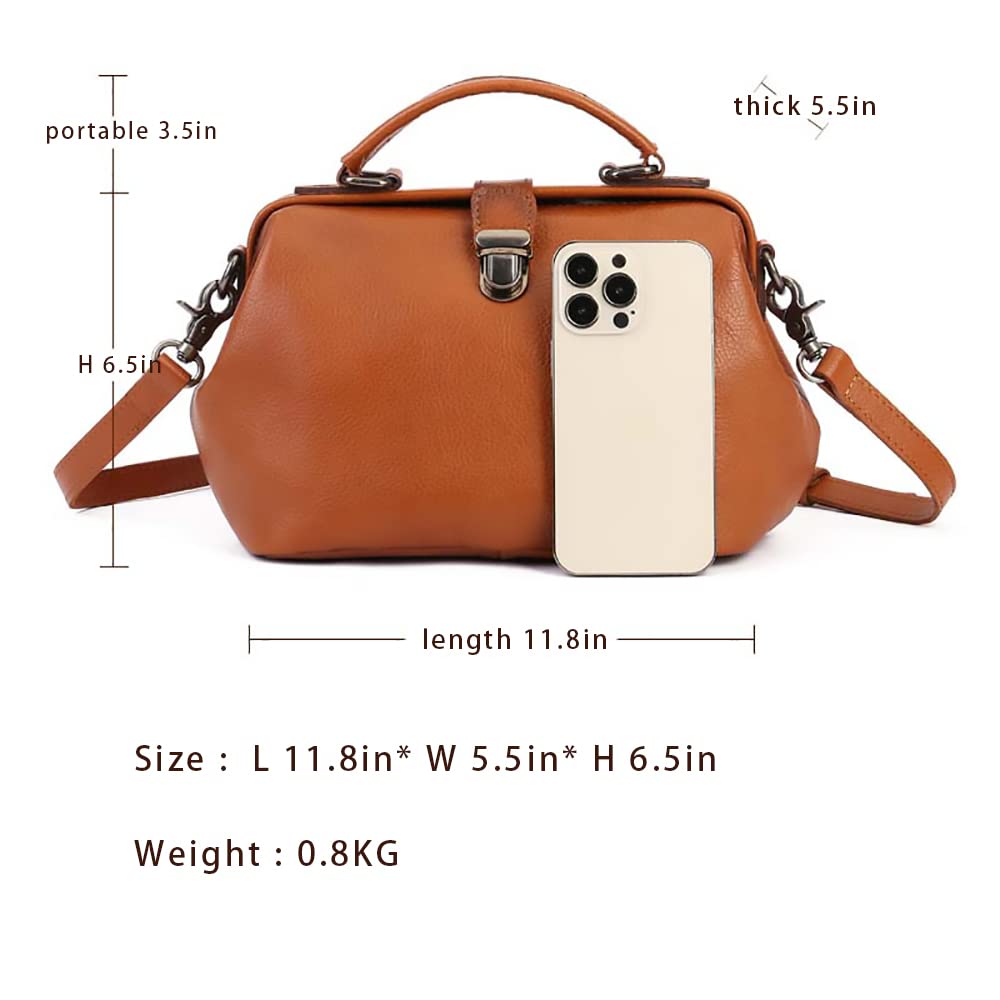 ARCOLAN Women's leather handbag retro Doctor Bag Brown Shoulder bag buckle type women's bag (Brown)