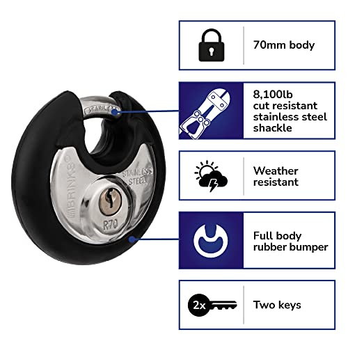 BRINKS Heavy Duty Padlocks & Keys 4 Pack 70mm Stainless Steel Keyed Alike Commercial Discus Keyed Lock for Storage Shed Garage Locker Sliding Doors Cabinets & More Round with Boron Shackle, Black