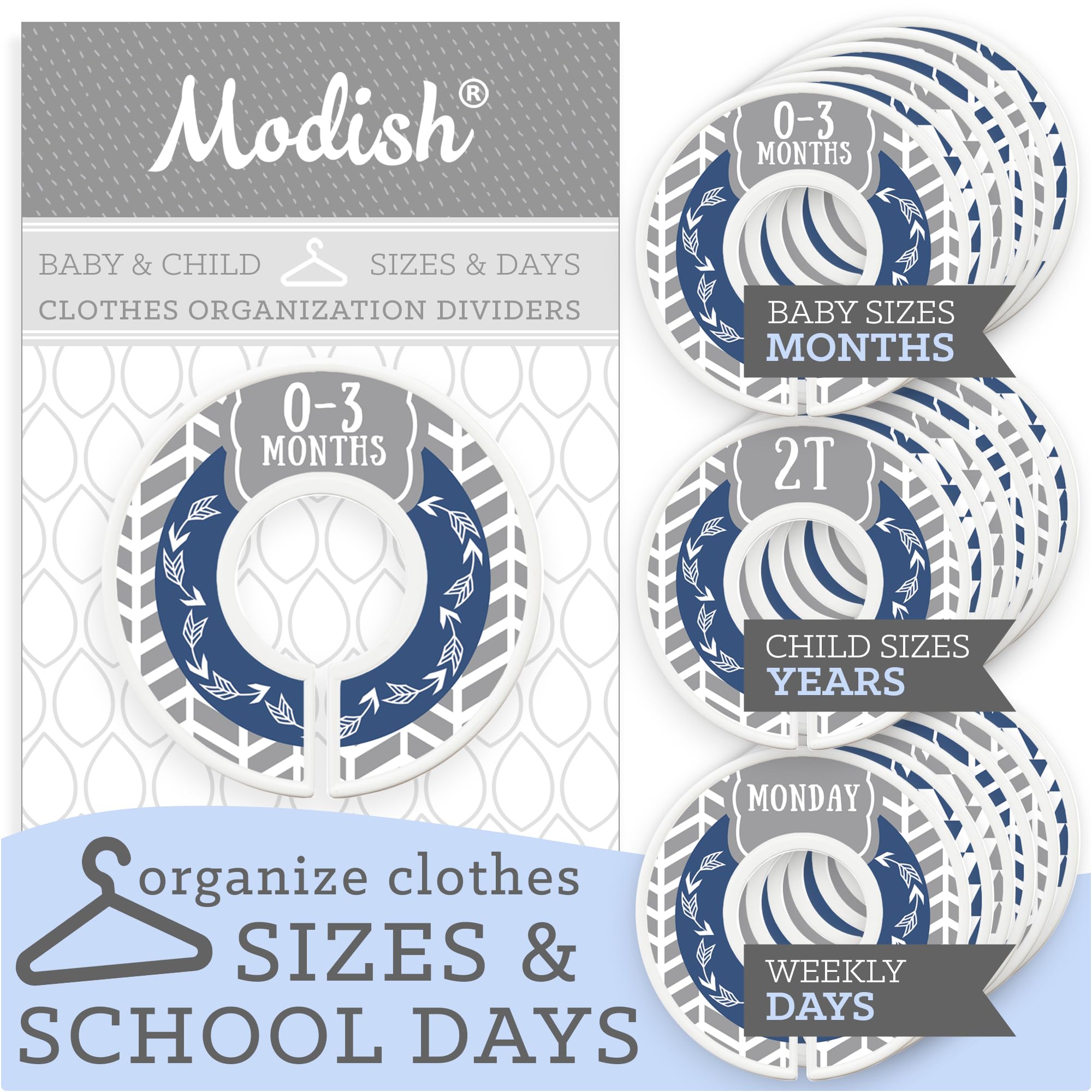 Modish Labels Baby Clothes Size Dividers, Baby Closet Organizers, Size Dividers, Baby Closet Organizers, Closet Dividers, Clothes Organizer, Boy, Woodland, Arrows, Tribal, Navy Blue, Grey, Gray (Baby)